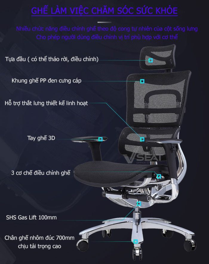Ghế Ergonomic Vseat Coss Max, Khung Nhôm, Đệm Lưới Màu Đen, Mâm Siêu ...